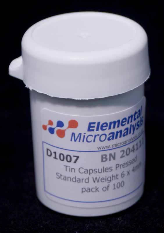 Tin Capsules Pressed Standard Weight 6 x 4mm pack of 100 | Elemental Microanalysis