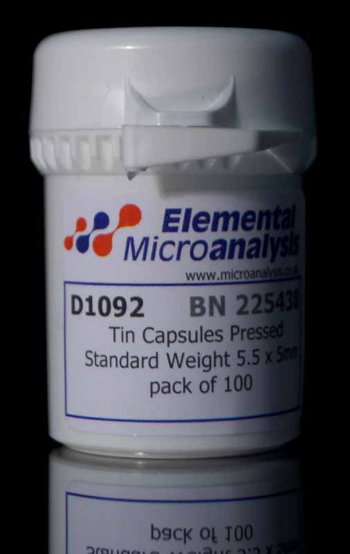 Tin Capsules Pressed Standard Weight 5.5 x 5mm pack of 100 | Elemental Microanalysis