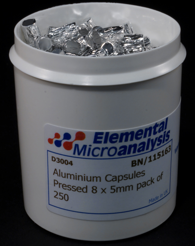 Aluminium Capsules Pressed 8 x 5mm pack of 250 | Elemental Microanalysis