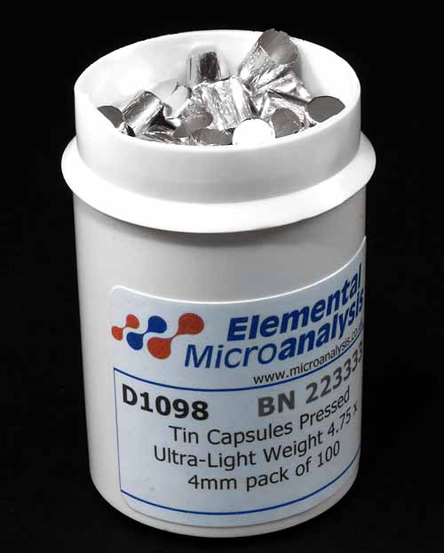 Tin Capsules Pressed Standard Weight 4.75 x 4mm pack of 100 - Elemental ...